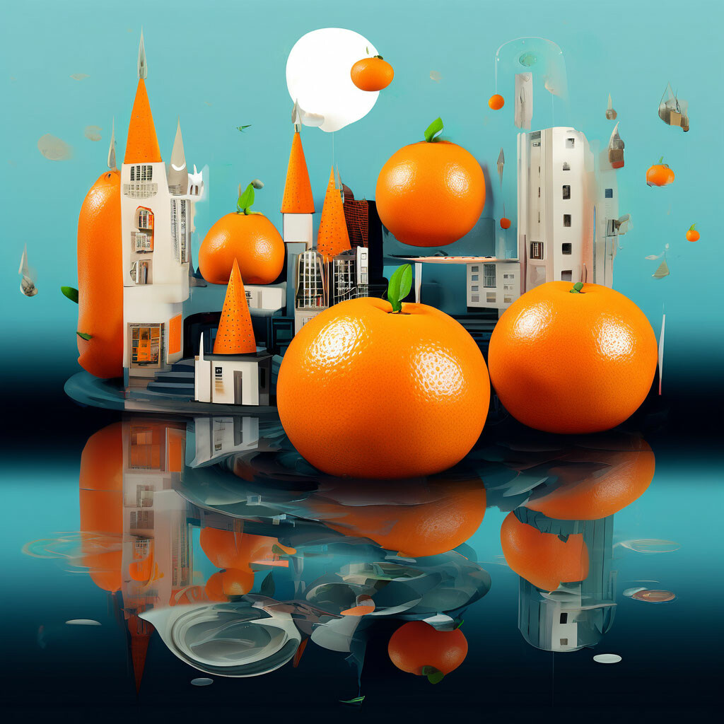 "Small houses, big oranges, surrealism, mixed media 5d vector geometry ...