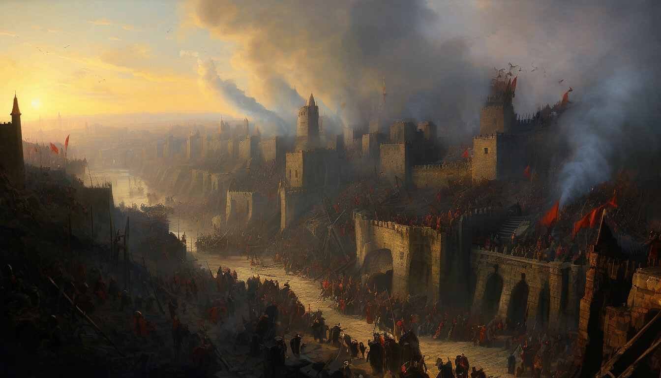 "Constantinople under siege, Theodosian walls, storming of the walls ...
