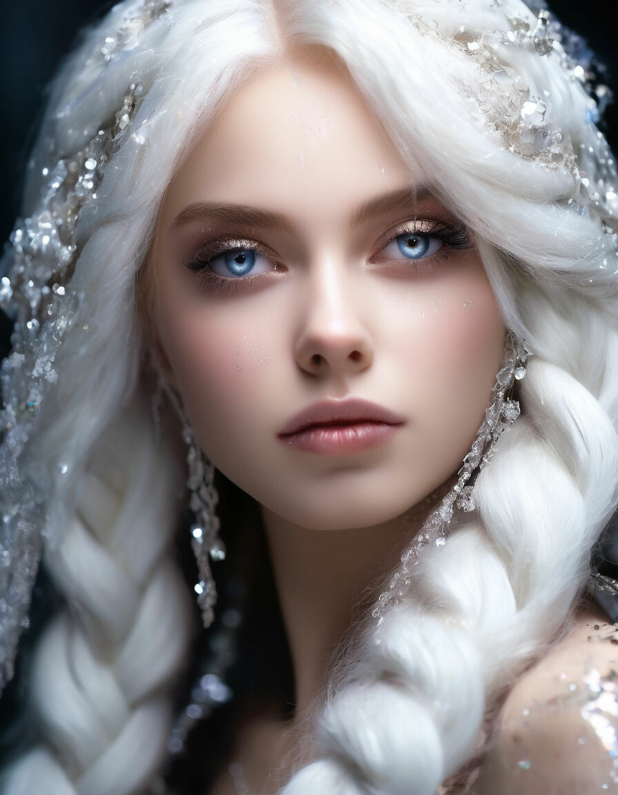 "Blonde girl, long snow-white braids, bright sparkling eyes, hyper-long ...
