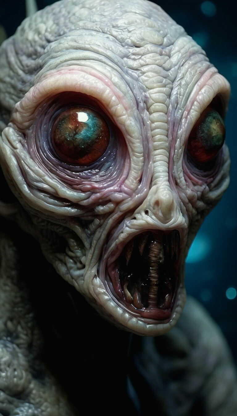 "Close-up,real alien, skin pierced with worms, skin texture, worm heads ...