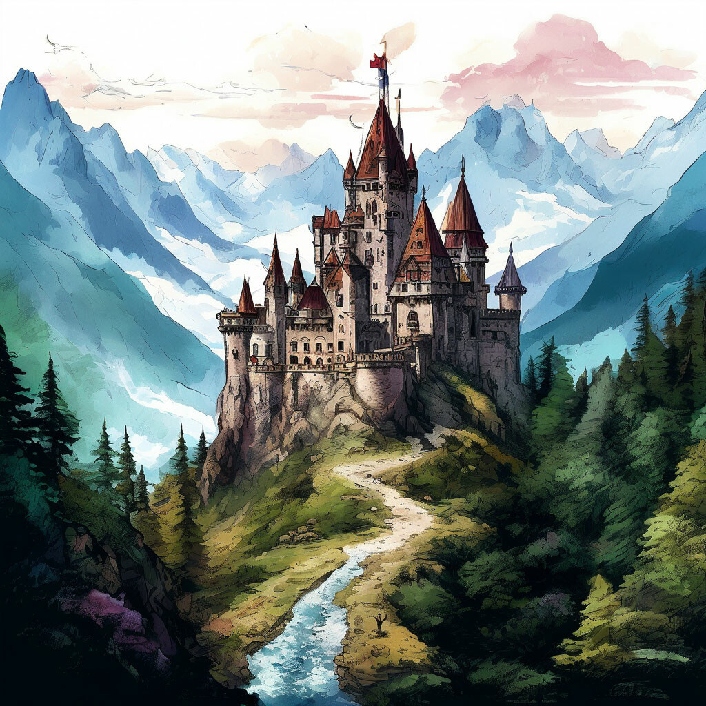 "A baron's castle in a mountain valley, a drawing in colored ink ...