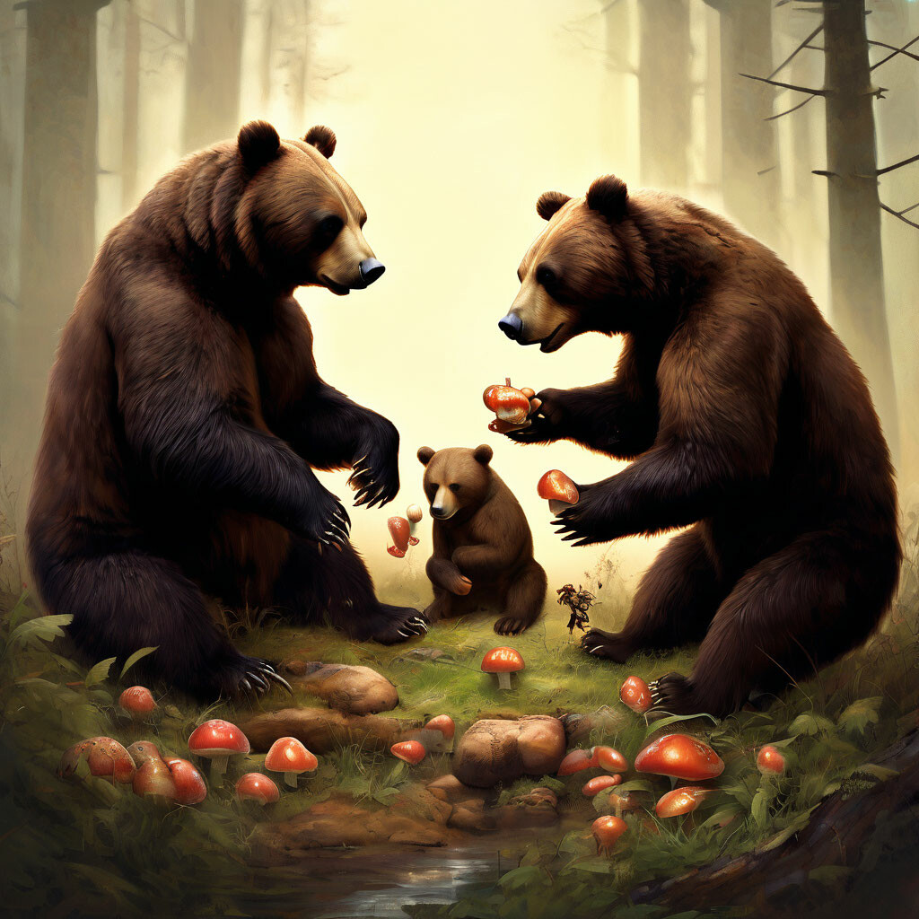 "Three bears are picking mushrooms" — image created in Shedevrum