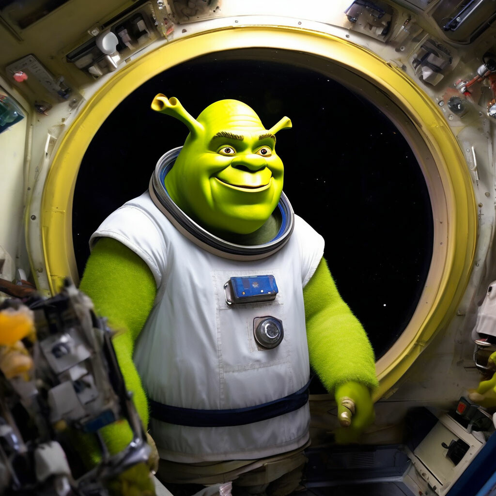 "Shrek at the space station" — image created in Shedevrum