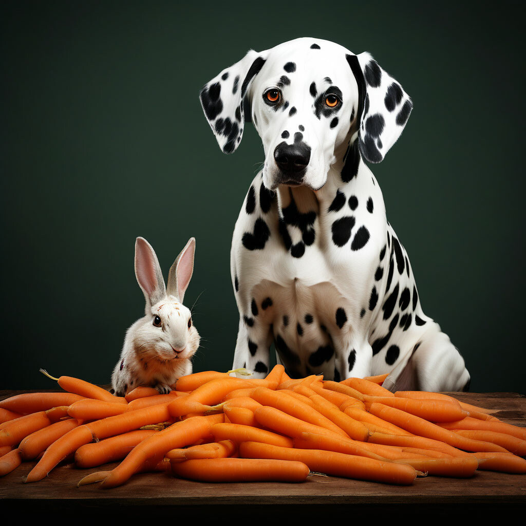 "A Dalmatian eats a lot of carrots, and a disgruntled rabbit looks at ...