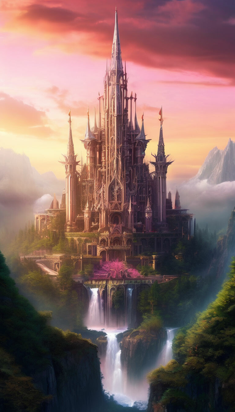 "Draw a fantasy-style palace. tall thin towers. there are waterfalls ...