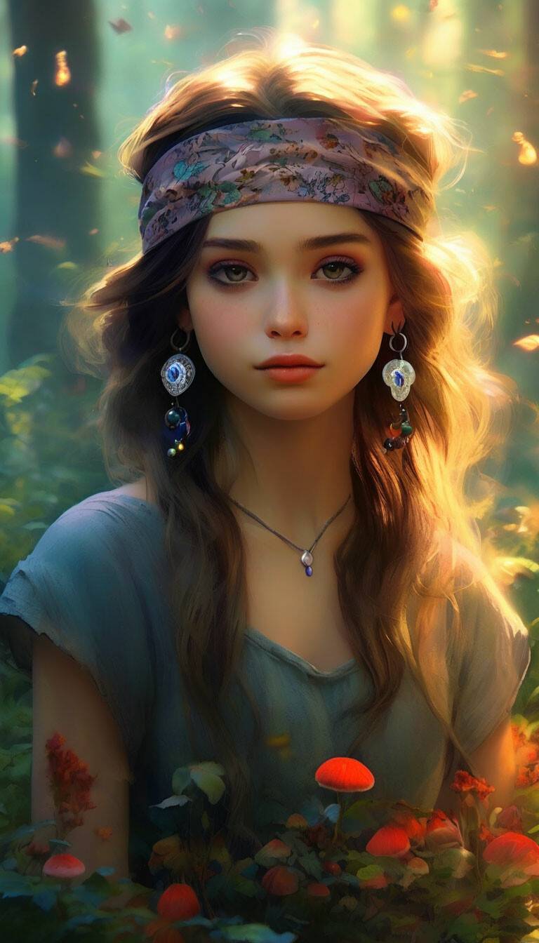 "Canon photo, magic, fantasy, girl in a bandana, forest sorceress ...