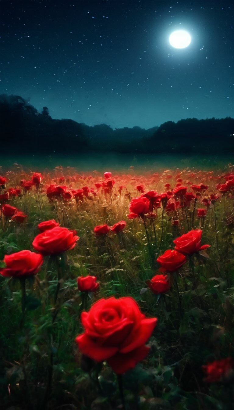 "Night, crickets, field of red roses, night glow from moonlight, grass ...