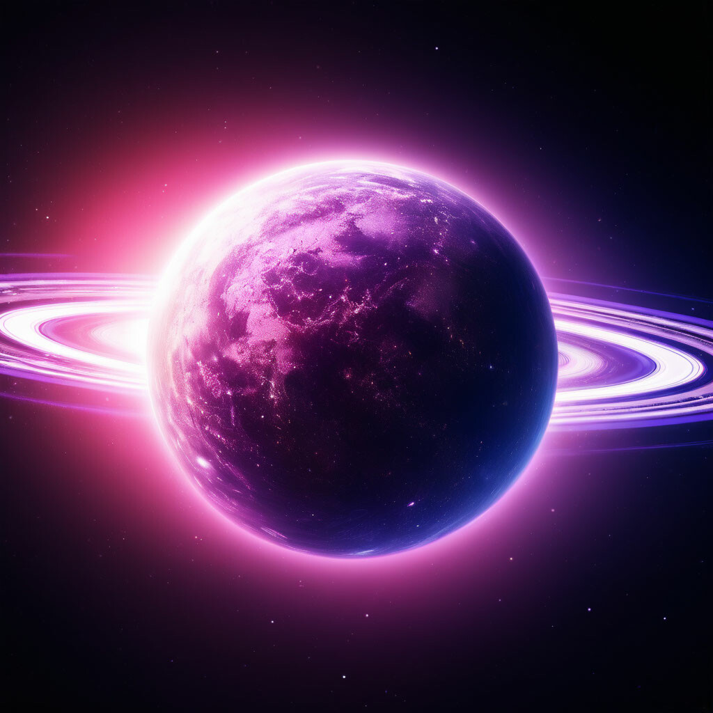 "Beautiful photo realistic purple atomic glowing planet with rings ...