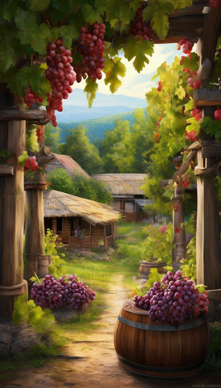 "Landscape of Georgia with a house, wooden barrels In. Preobrazhensky ...