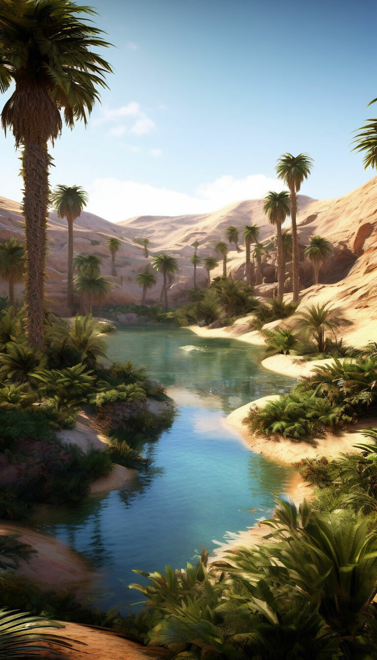 "A small oasis in a large desert, a small lake and around palm trees ...
