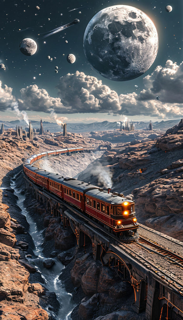 "Moon train 🚆 a train is traveling along the surface of the Moon along ...