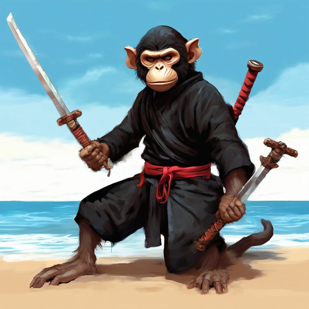 "A ninja monkey in a costume on the beach near the sea and in her paws ...