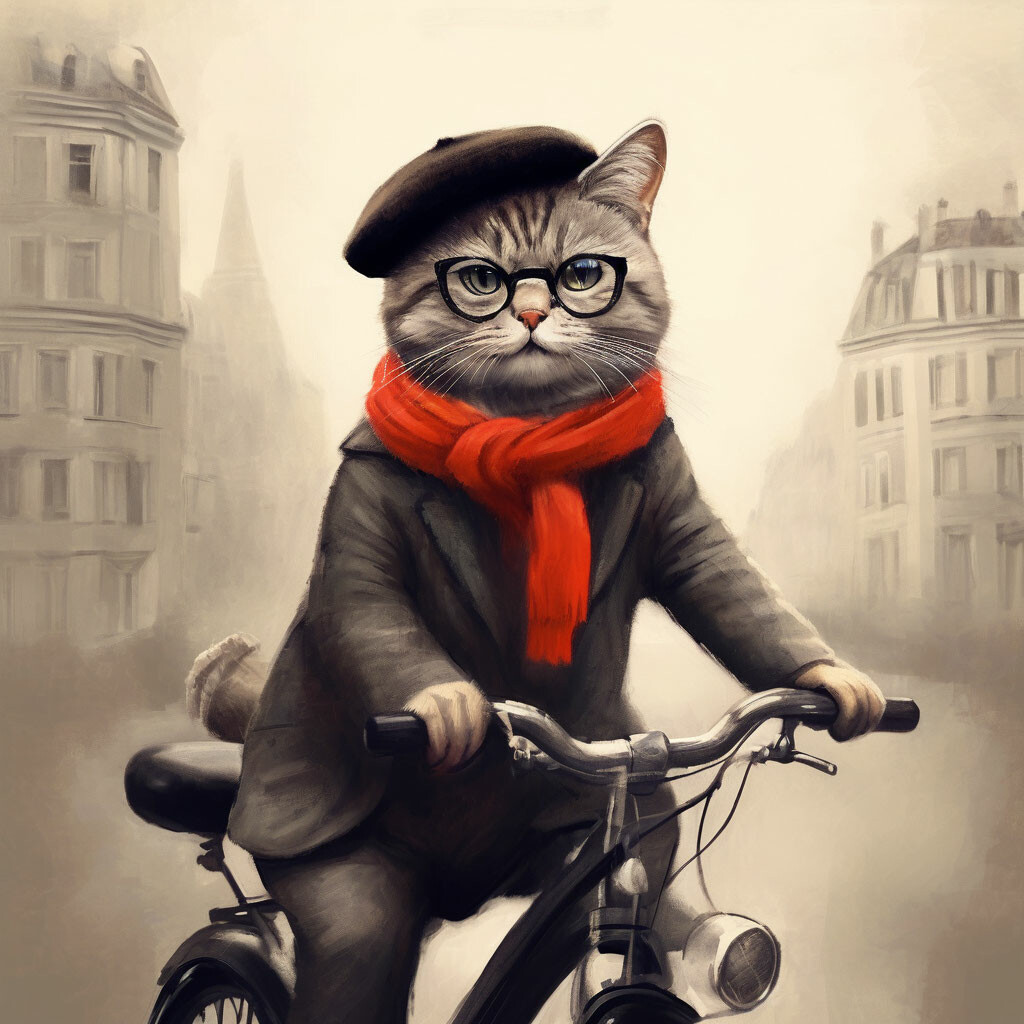 "The Parisian cat rides a bicycle with a beret on his head, glasses and ...