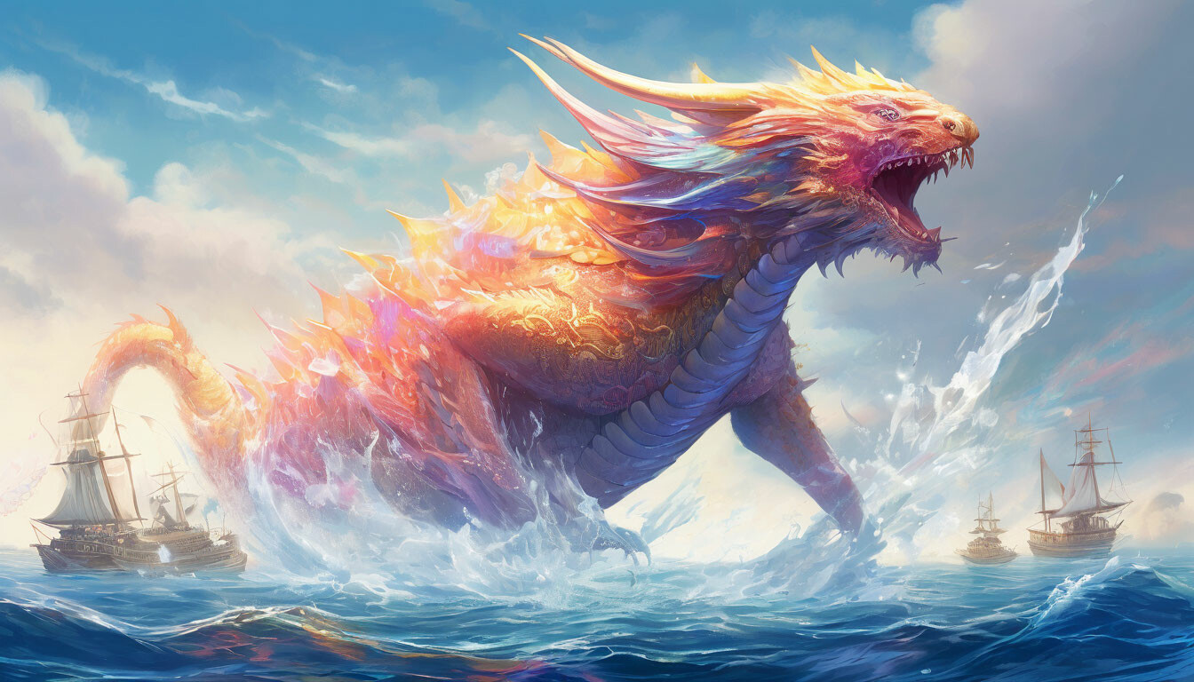 "Art, fantasy, a huge peaceful sea creature completely jumps out of the ...