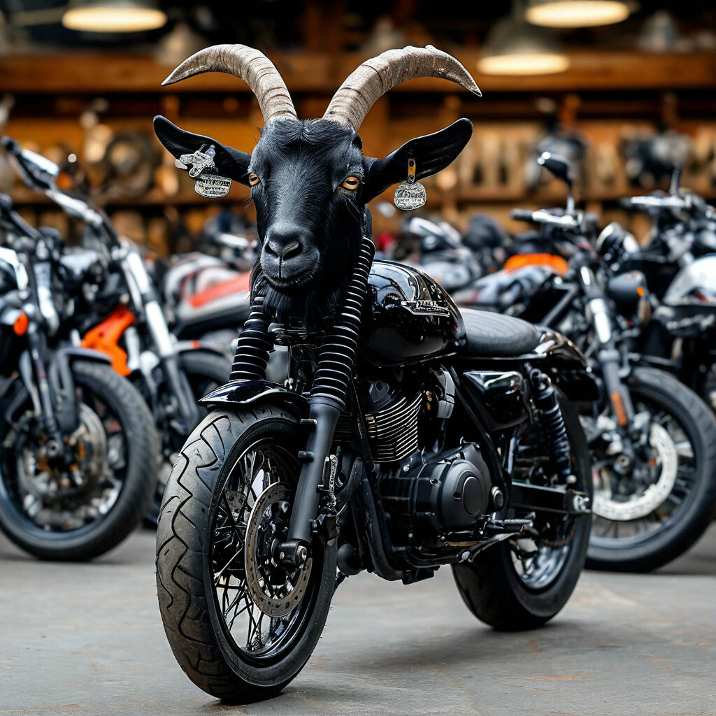 "A black goat in a motorcycle …" — image created in Shedevrum