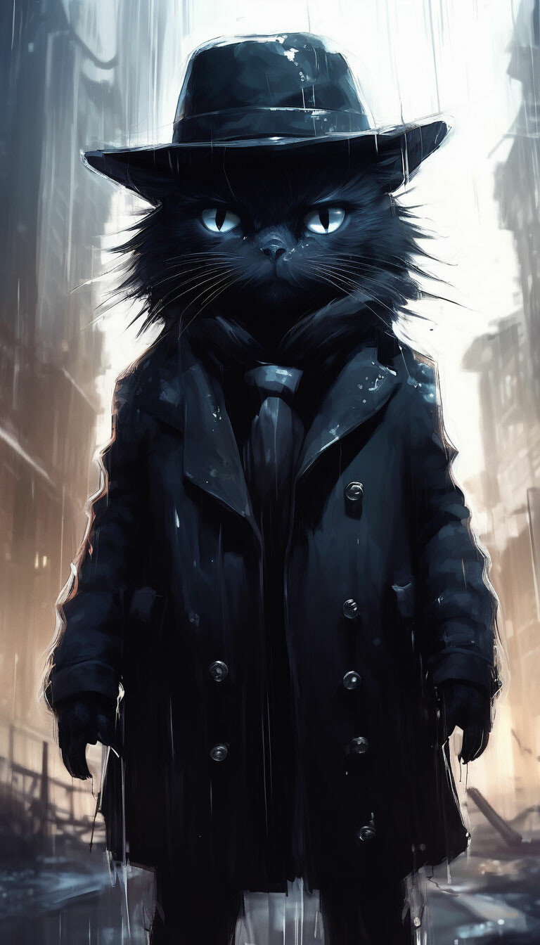 "Dark gloomy cat in a hat, in a coat, white glowing eyes, full-length ...