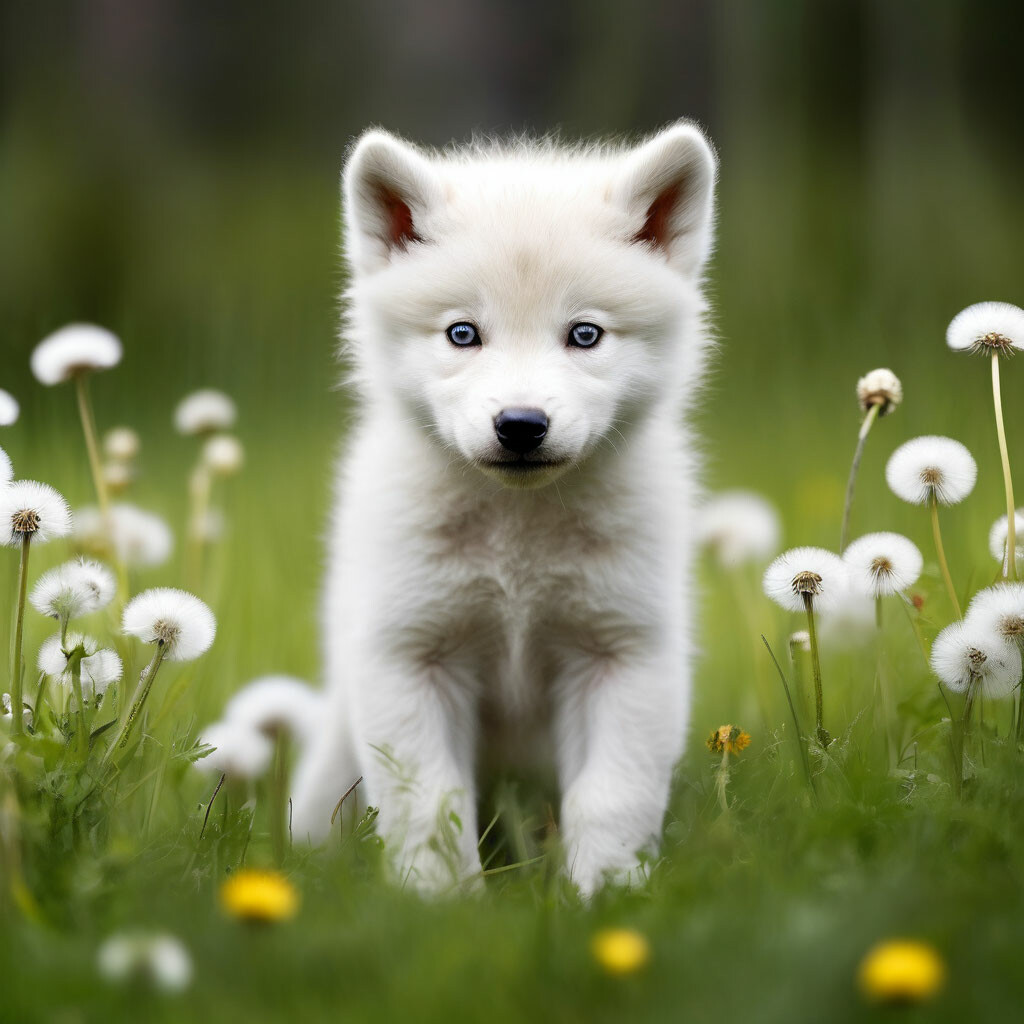 "A white fluffy wolf cub in full …" — image created in Shedevrum