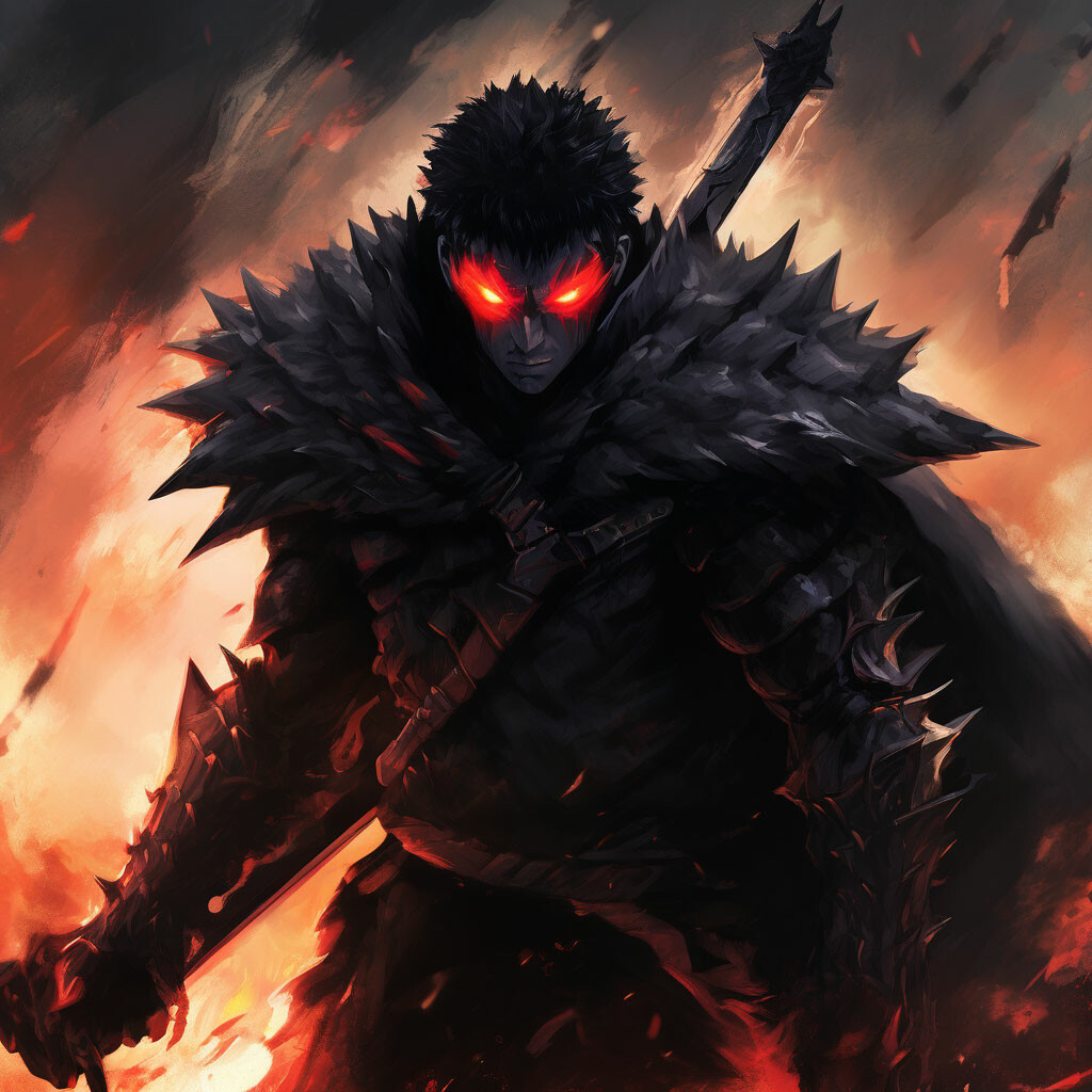 "Black Swordsman Gats in Berserk mode" — image created in Shedevrum
