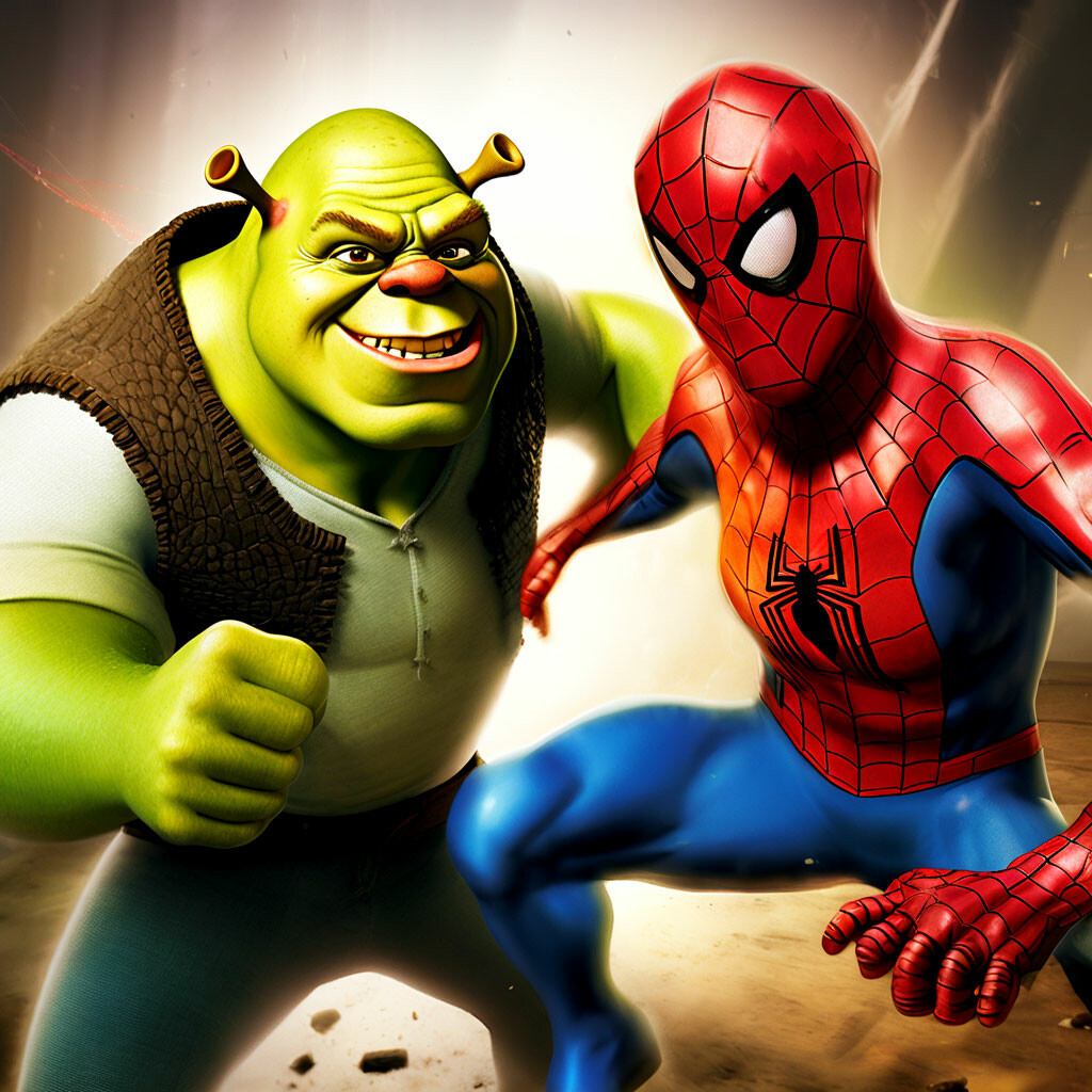 "Shrek vs Spider-Man" — image created in Shedevrum