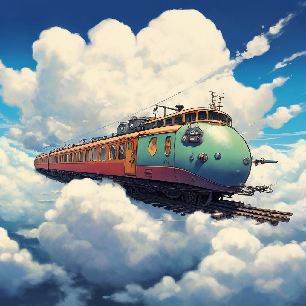 "Flying train in the clouds Totoro" — image created in Shedevrum