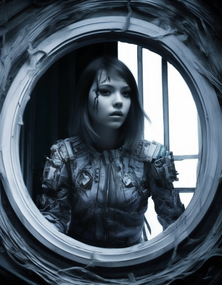 "Space base girl in a round window,…" — image created in Shedevrum