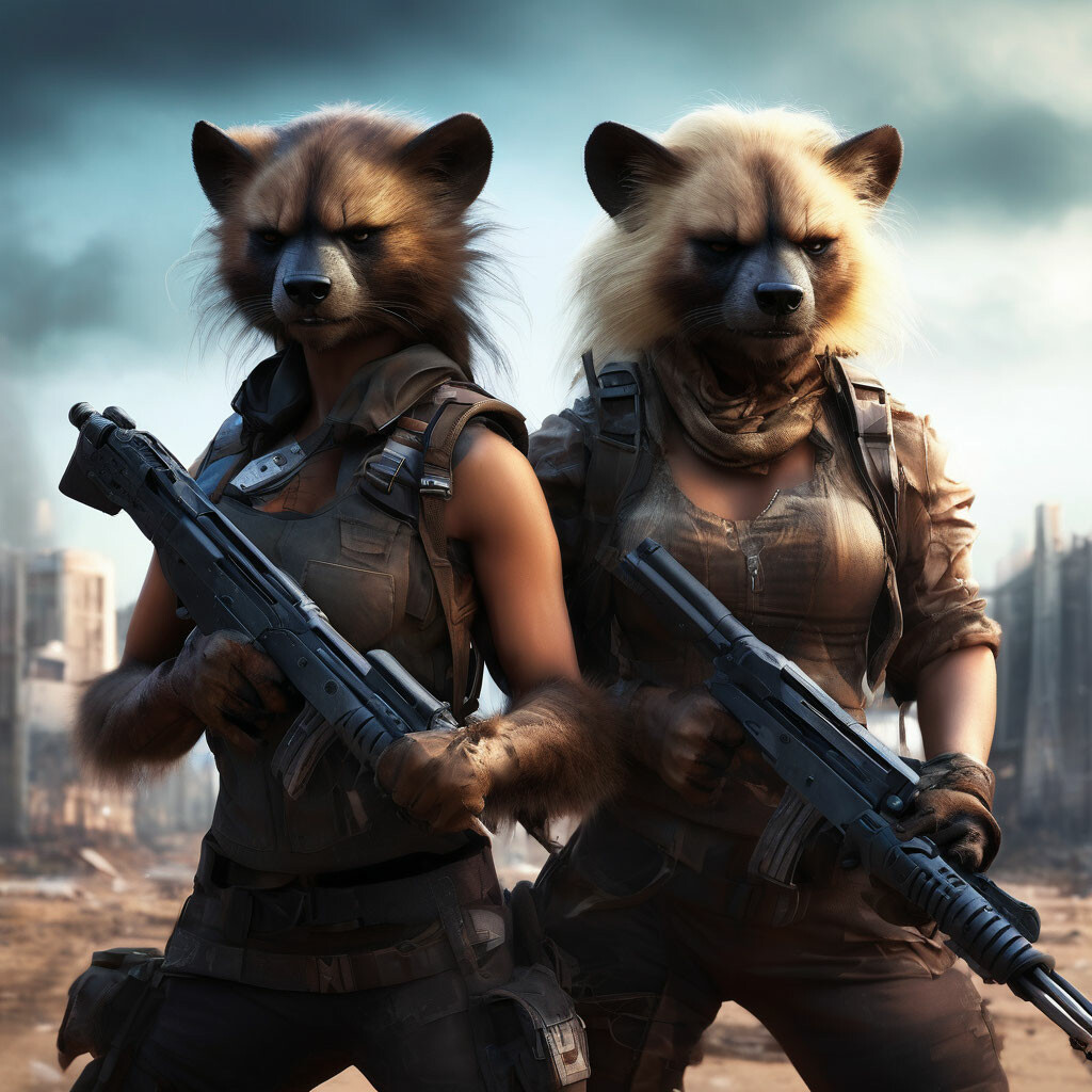 "Two wolverine women animals with guns…" — image created in Shedevrum