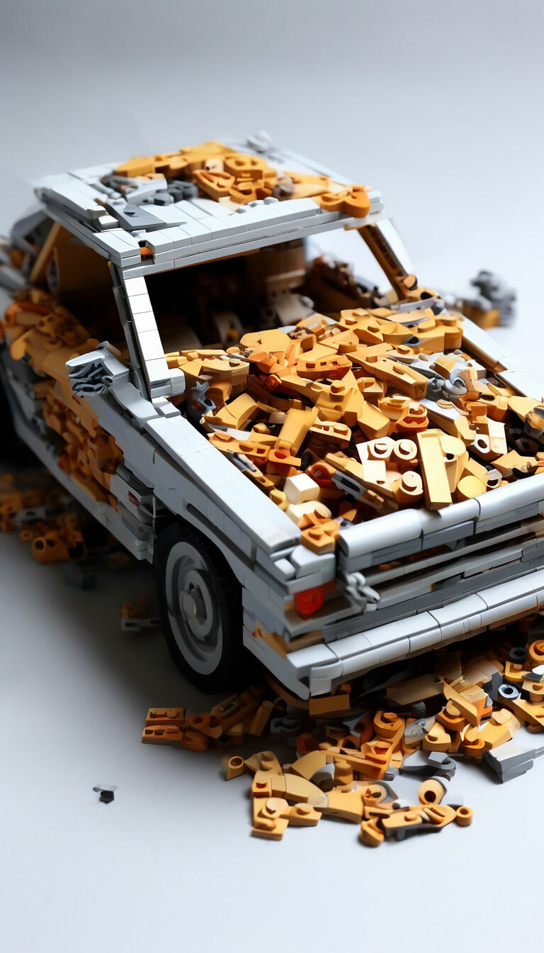 "A destroyed car, in the lego style" — image created in Shedevrum