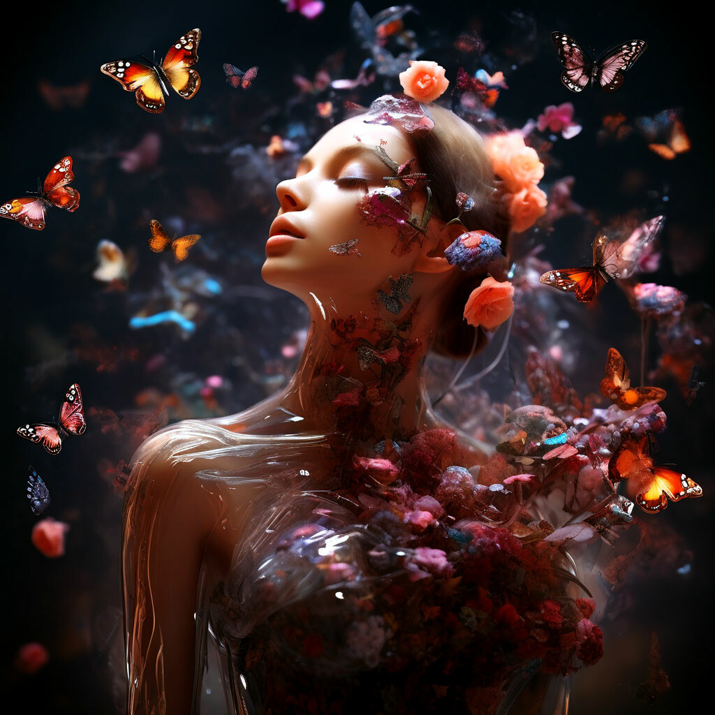 "Flowers and butterflies inside a …" — image created in Shedevrum