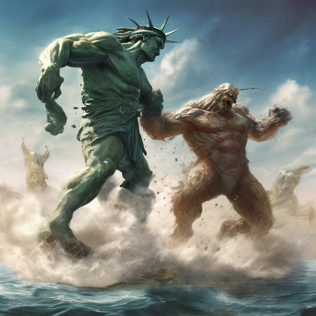 "The Statue of Liberty in a fight with…" — image created in Shedevrum