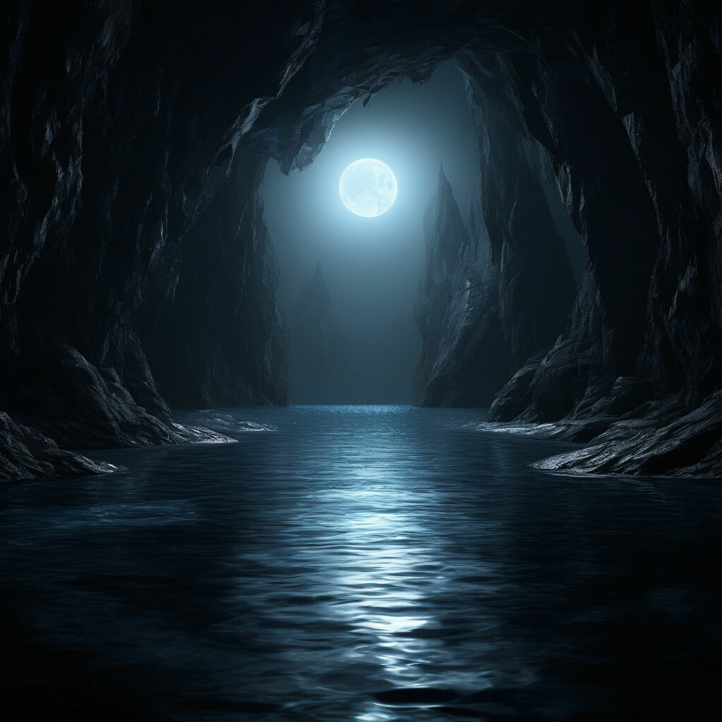 "Dark endless cave moonlight with lake…" — image created in Shedevrum