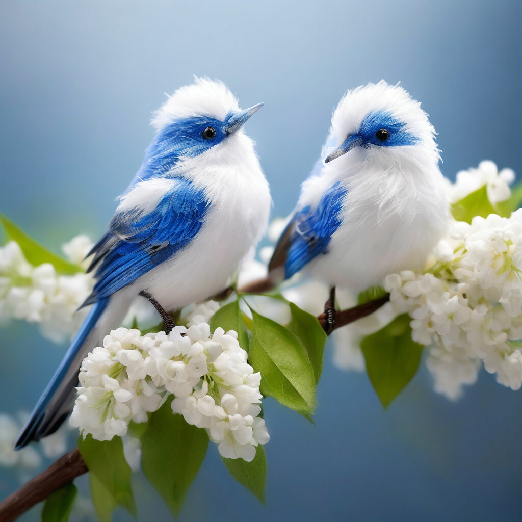 "🐦 two white-blu birds, soft, fluffy…" — image created in Shedevrum
