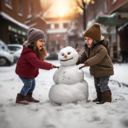 «Children on the street are making a snowman, laughing, having fun ...