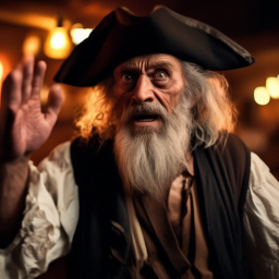 «In the tavern , monologue of an old pirate with bulging eyes, waving ...