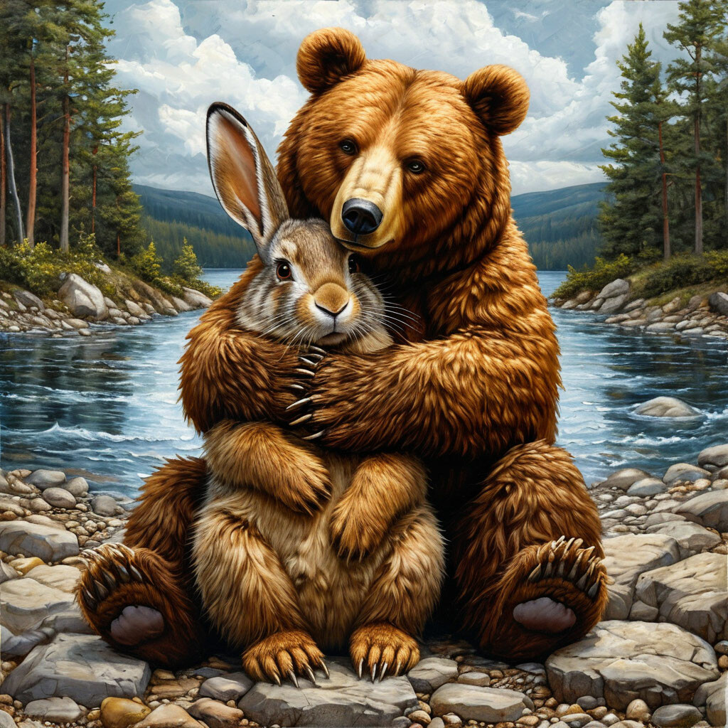 "A bear hugs a joyful hare from behind, realistically, there are pebbles near…" — image created ...