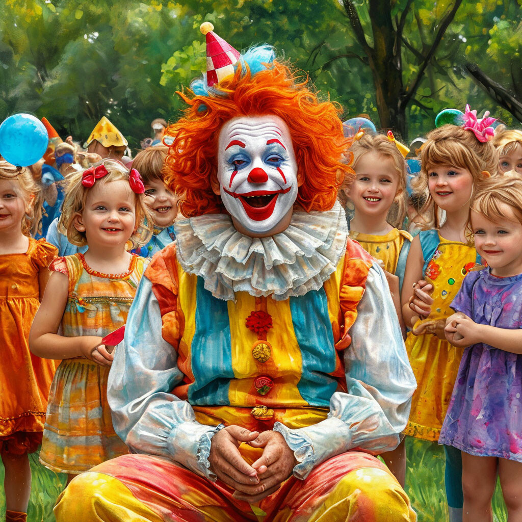 "A clown, red-haired, in a checkered cap, colorful clothes, full height ...