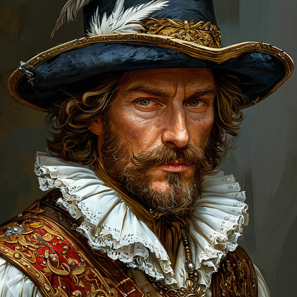 "Musketeer, manly face, wide-brimmed hat with a white feather, white ...