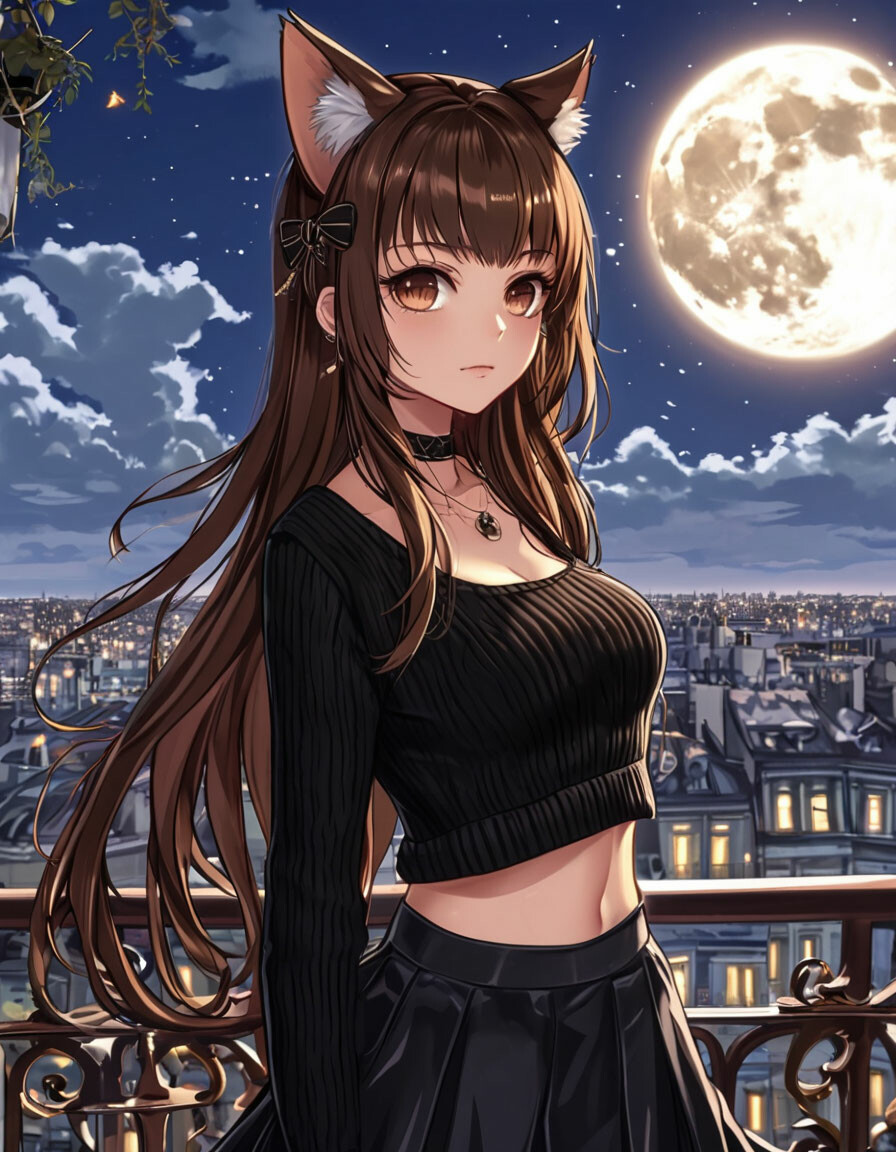 Girl Brown Long Hair Brown Eyes Symmetrical Eyes Cat Ears On Her