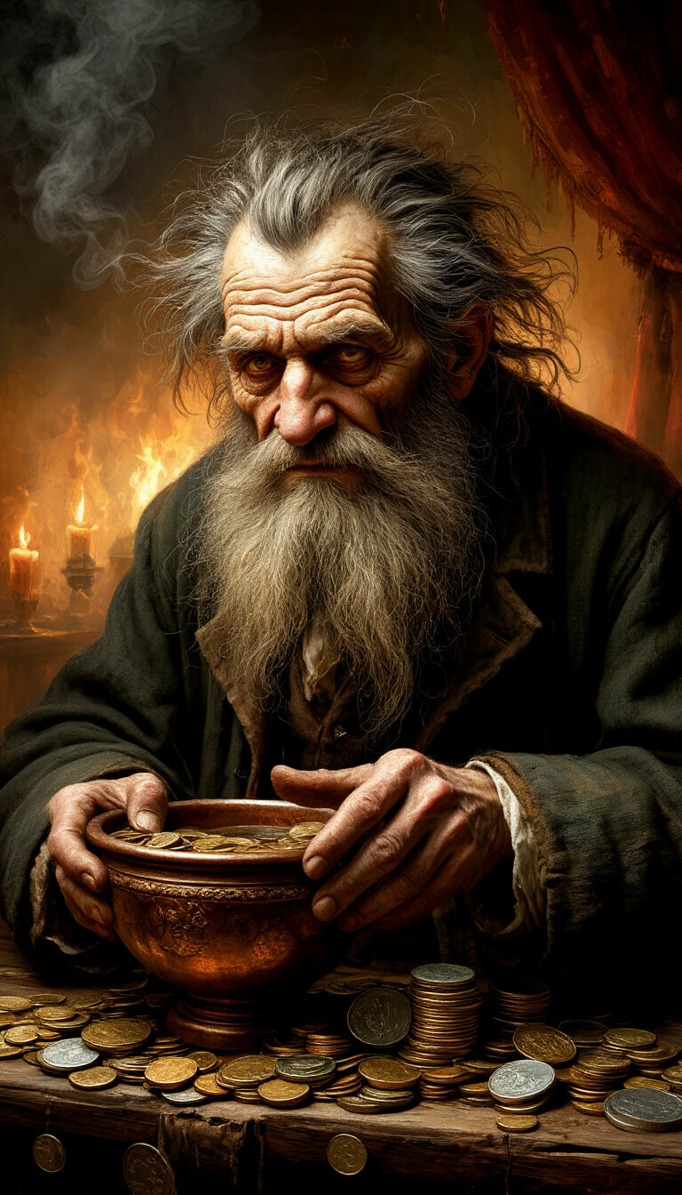 ". Greed, like rye, sharpens the heart and soul, The Miser pours over ...