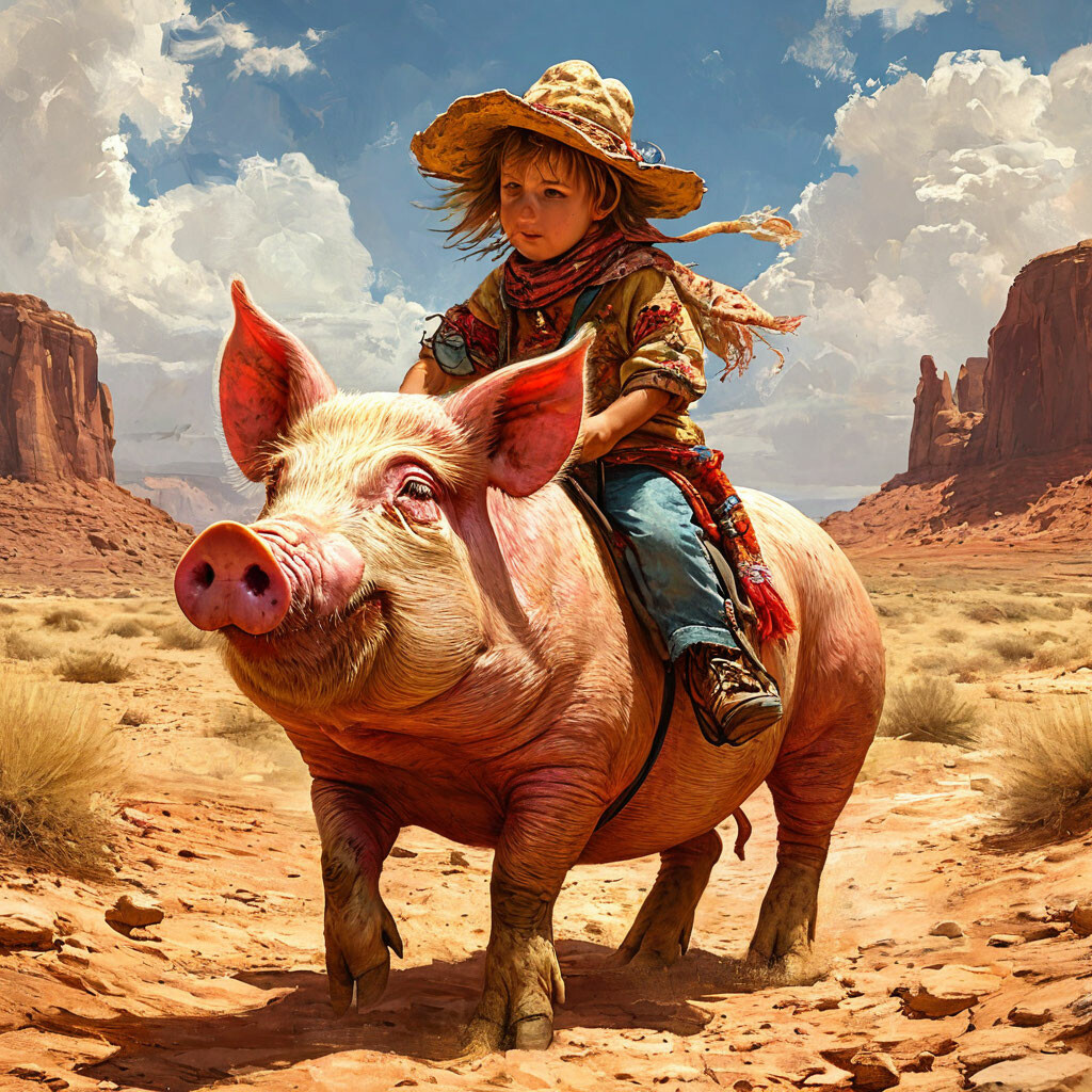 "An autistic child rides a fat pig through the desert" — image created ...