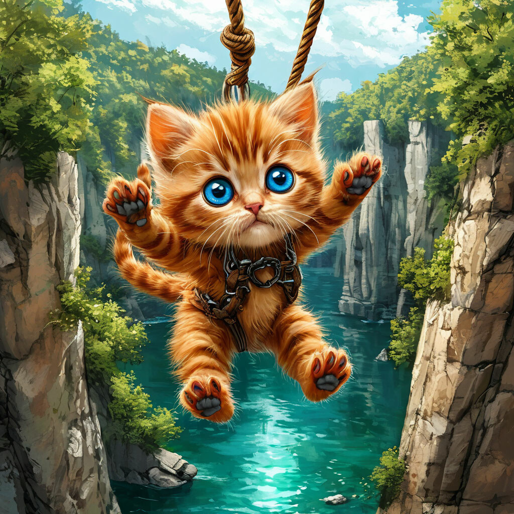 "A cute disheveled fluffy red kitten with big blue eyes jumps tied to a ...