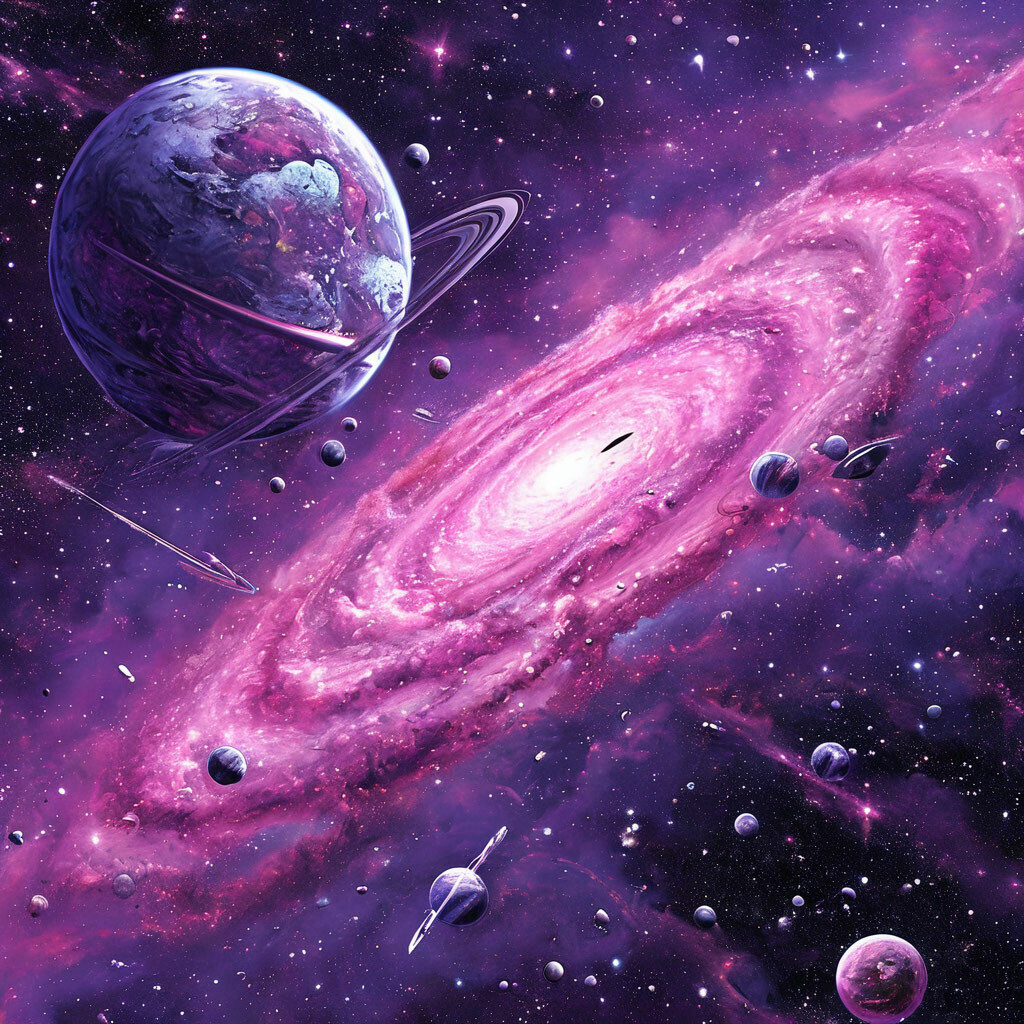 "The intergalactic route. pink-purple space. gaseous iridescent clouds ...