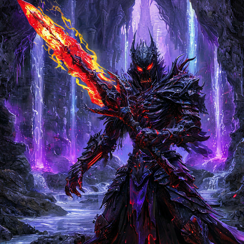 "A mighty red and black shadow demon in close-up in his hand is a huge ...