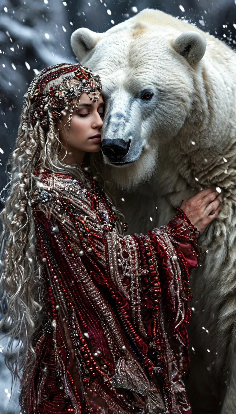"The daughter of the North Wind embraces a huge polar bear, intricate ...