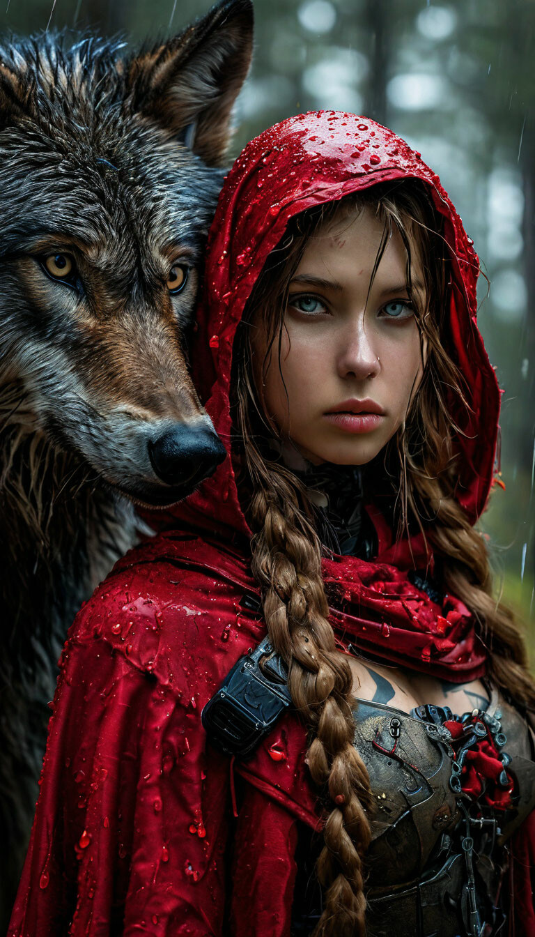 "Adult little red riding hood cyborg. and a huge werewolf, realistic ...