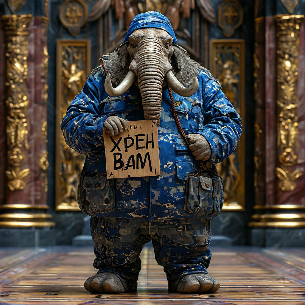 "An anthropomorphic fat mammoth in …" — image created in Shedevrum