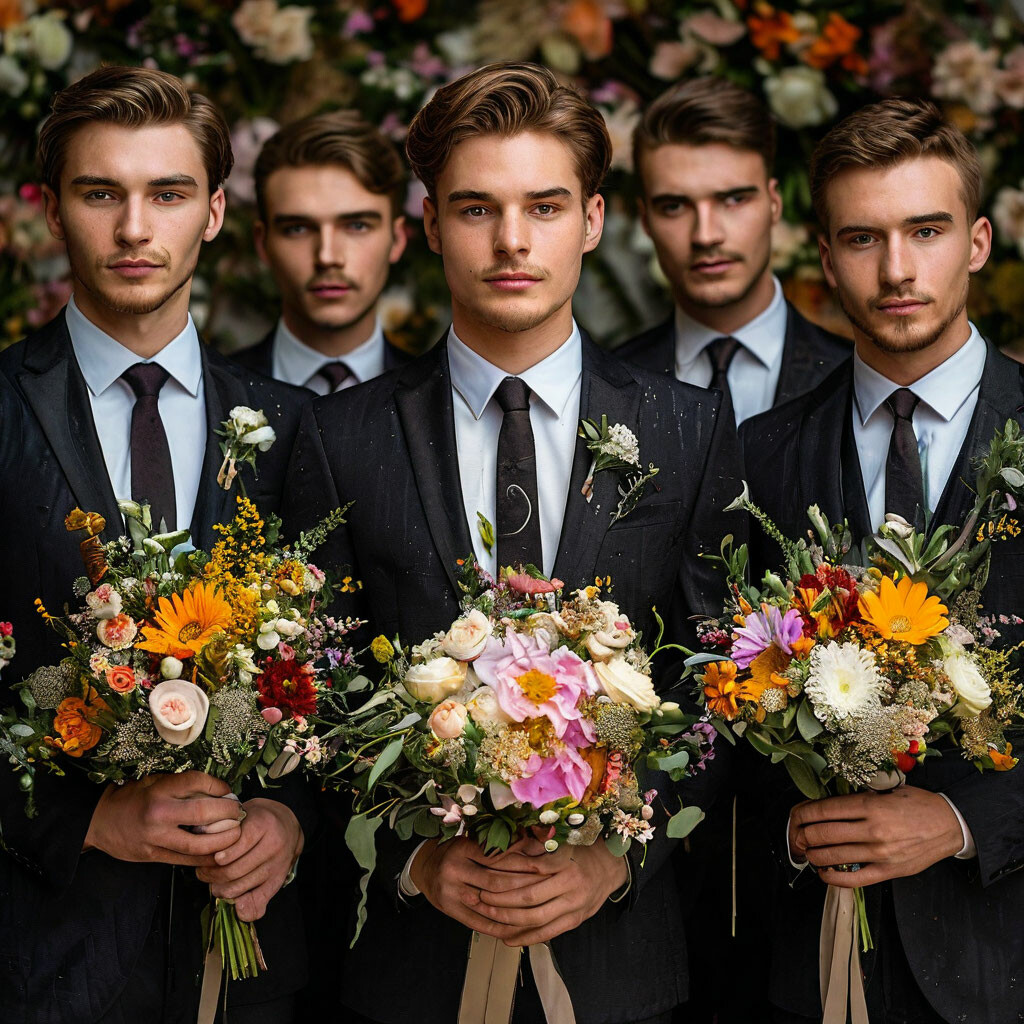 "Men with bouquets of flowers, many …" — image created in Shedevrum