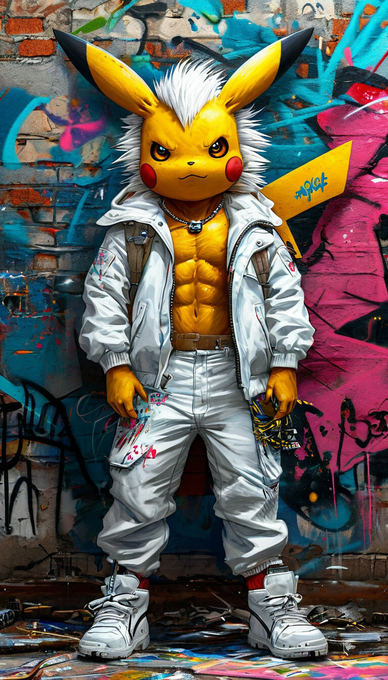 "Brutal hairy Pikachu is a bodybuilder, face and head detailing, bright ...