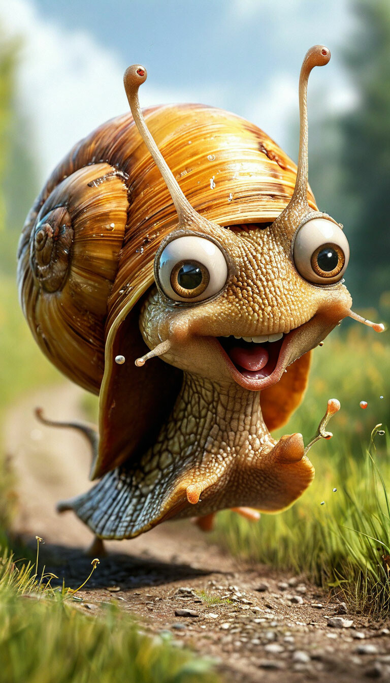 ""Art: An anthropomorphic snail rushes…" — image created in Shedevrum