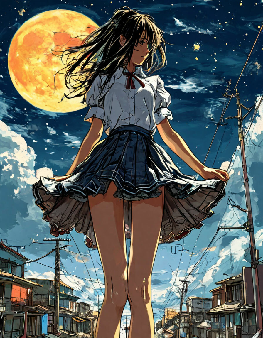 "Girl, the wind lifts a short skirt, …" — image created in Shedevrum