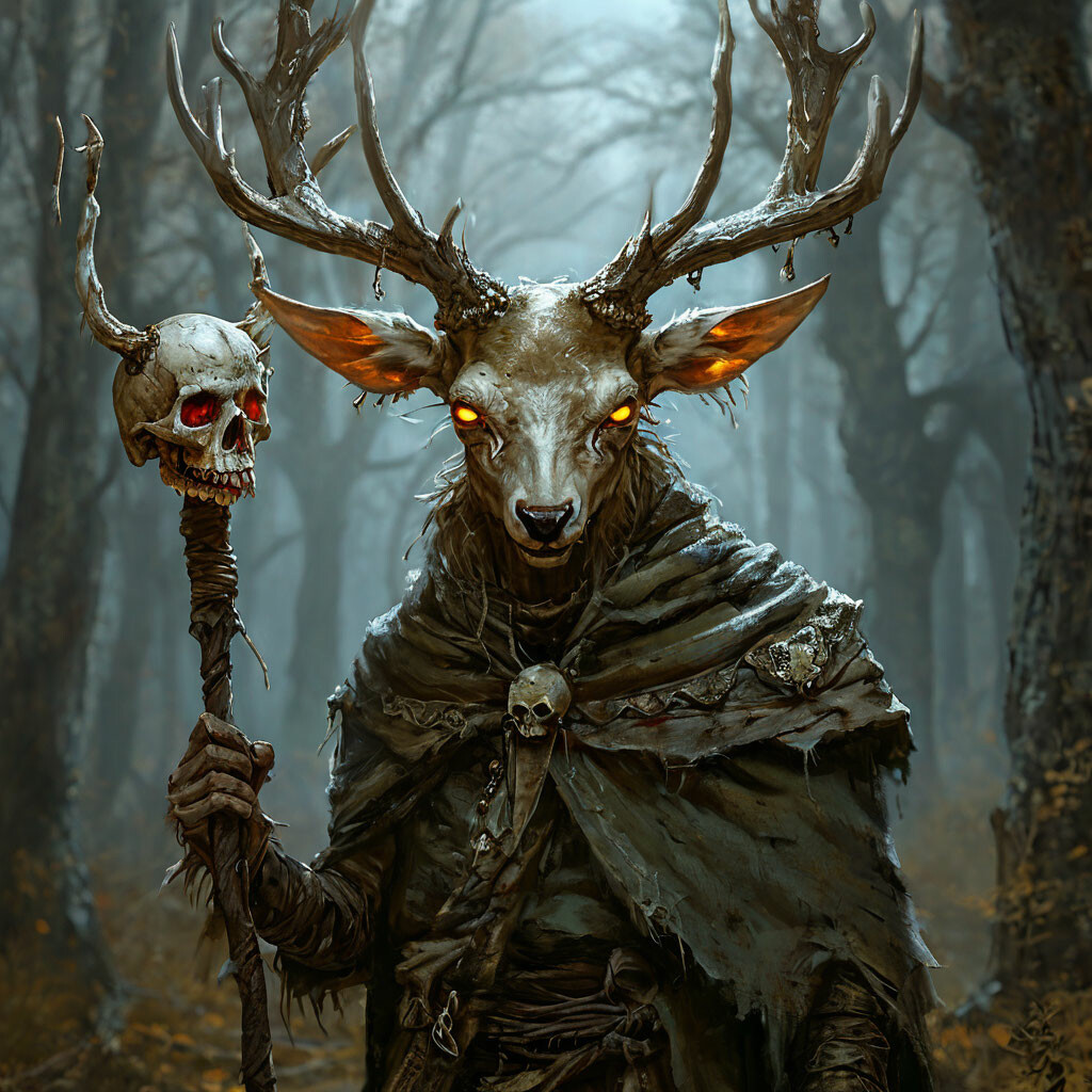 "Goblin deer, horror, glowing eyes, …" — image created in Shedevrum